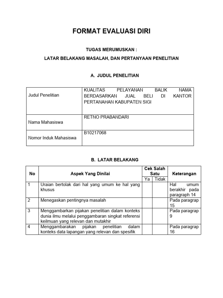 FORMAT EVALUASI DIRI Map | PDF