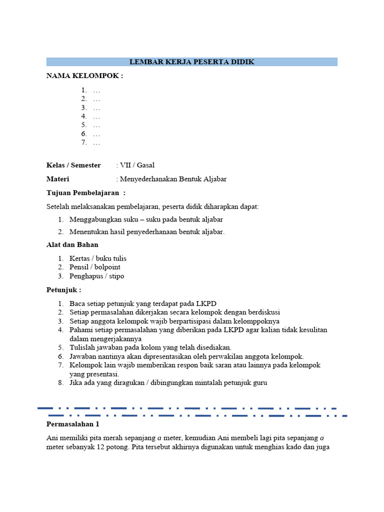 LKPD Menyederhanakan Bentuk Aljabar | PDF | Karier & Perkembangan | Griya & Taman