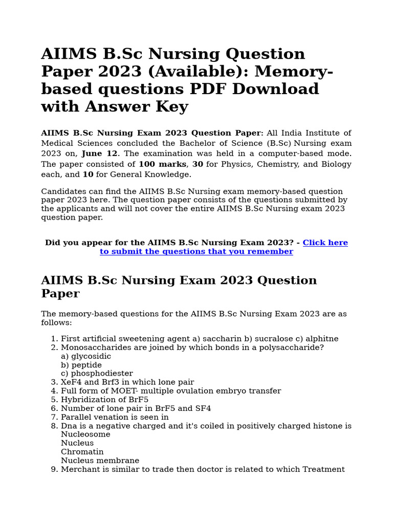 AIIMS B.Sc Nursing 2023 Questions PDF | PDF | Heart | Blood