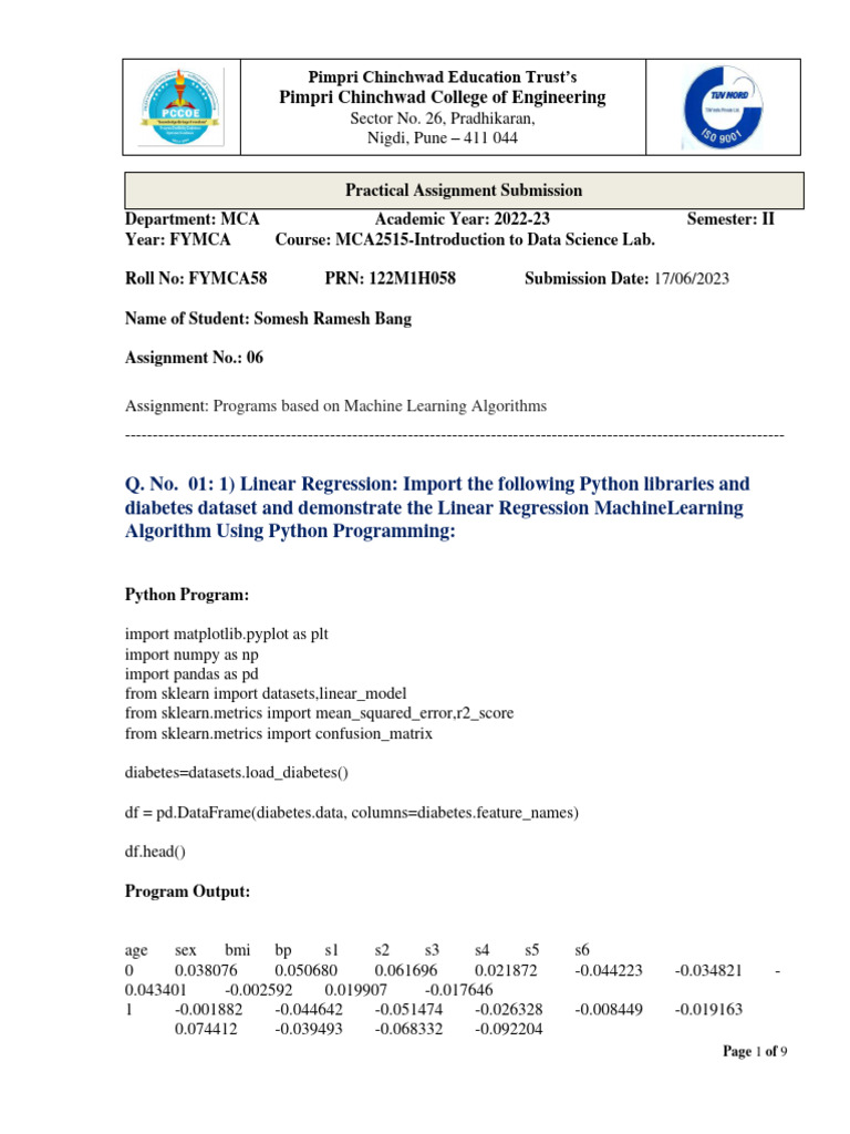 FYMCA IDSLab A6 Submission | PDF | Mean Squared Error | Errors And Residuals