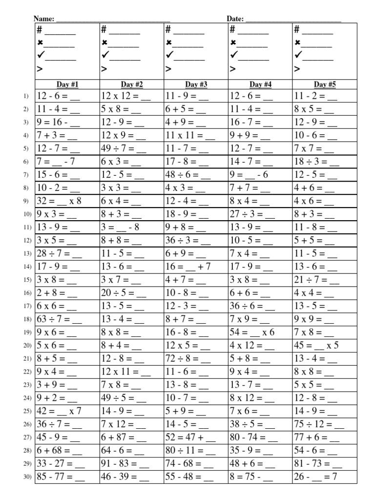 g4 Math Weekly Arithmetic Facts Practice Sheets | PDF