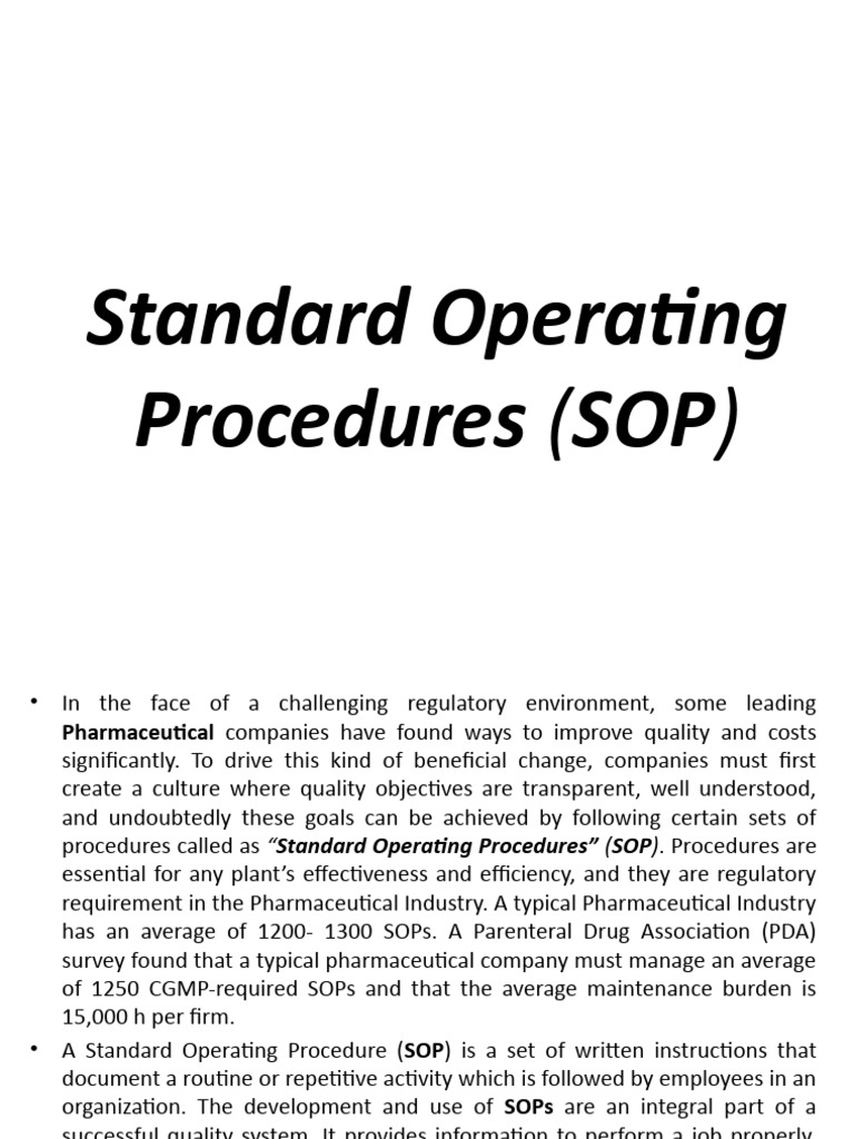 Standard Operating Procedures | PDF | Audit | Food And Drug Administration