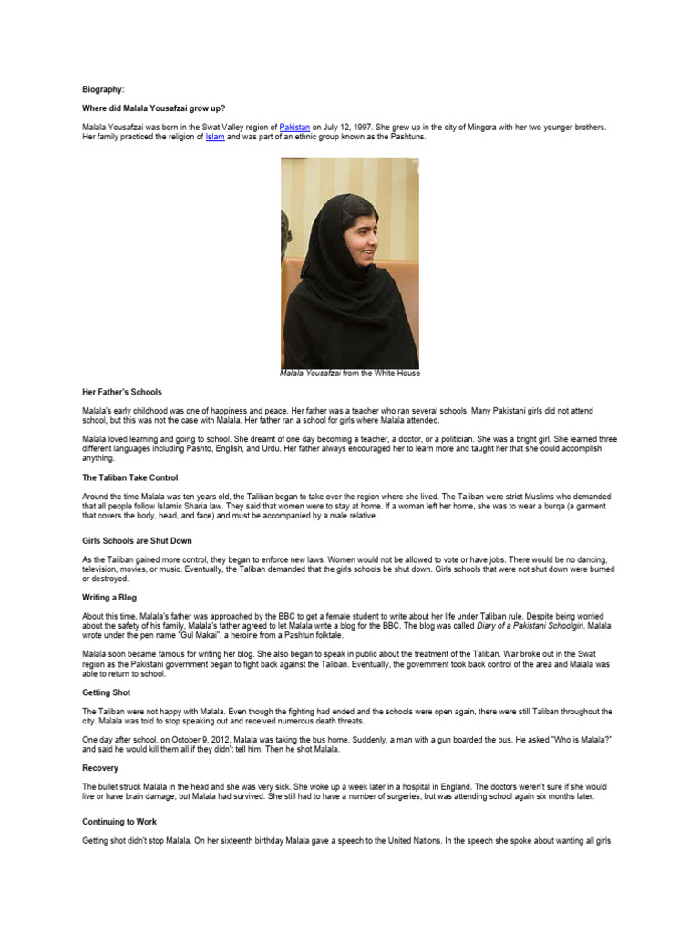 Malala Yousafzai Biography | PDF | Malala Yousafzai
