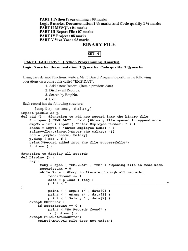 Grade 12 CS Board Practicals BINARY (1) | PDF | Python (Programming Language) | Control Flow