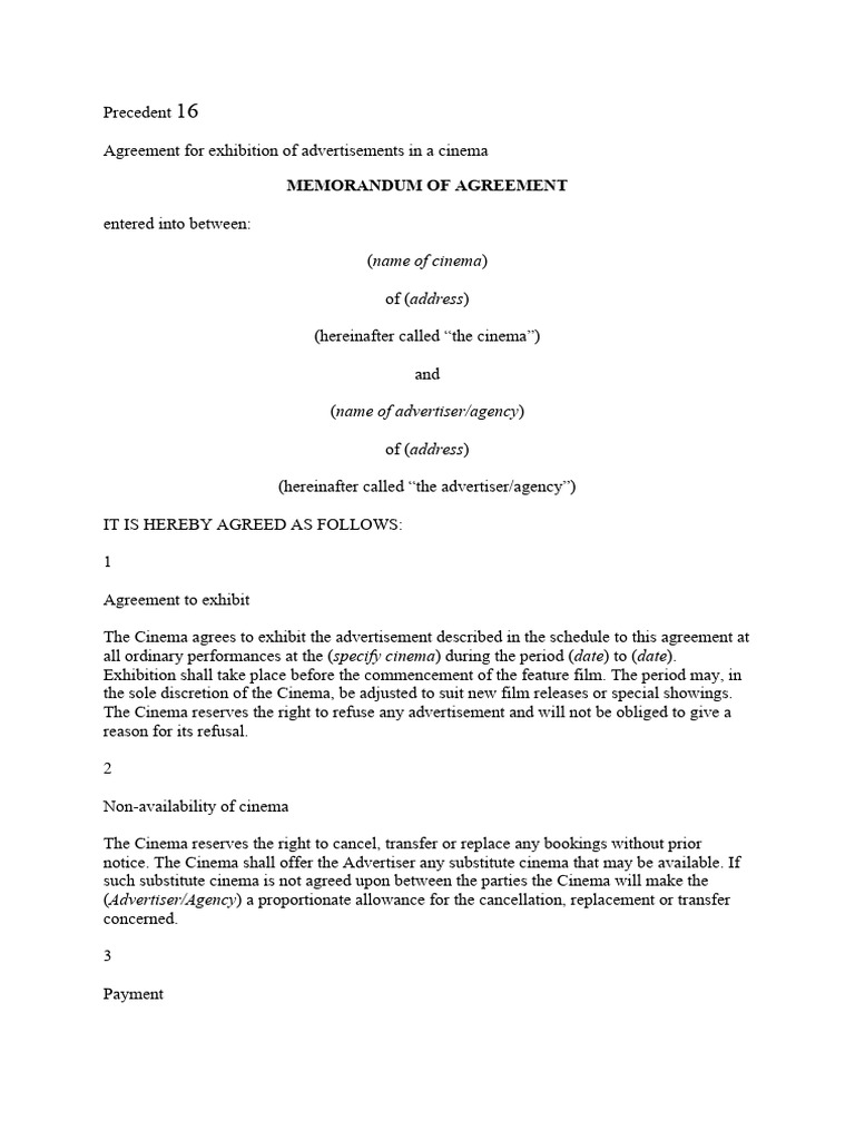 AGREEMENT FOR EXHIBITION OF ADVERTISEMENTS IN A CINEMA | PDF | Private Law | Business Law