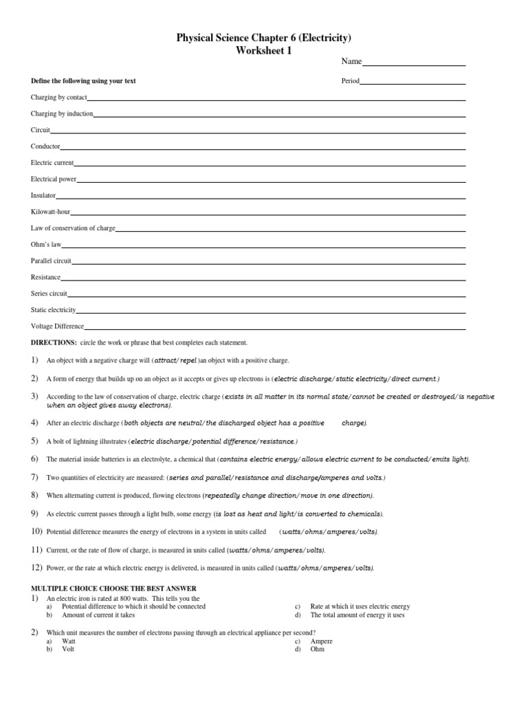 Electricity Worksheet | Download Free PDF | Electric Current | Voltage