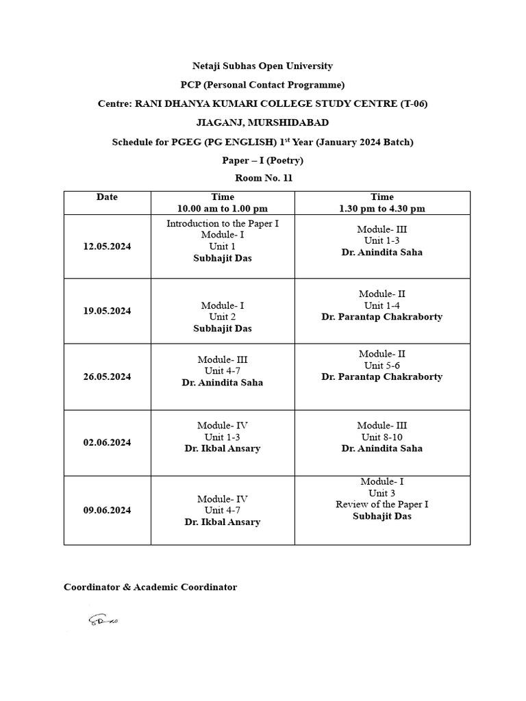 PGEG Schedule at Rani Dhanya Kumari College | PDF