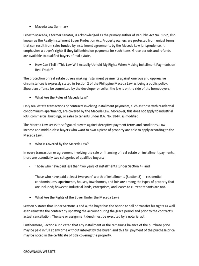 Maceda Law Pdf Payments Interest