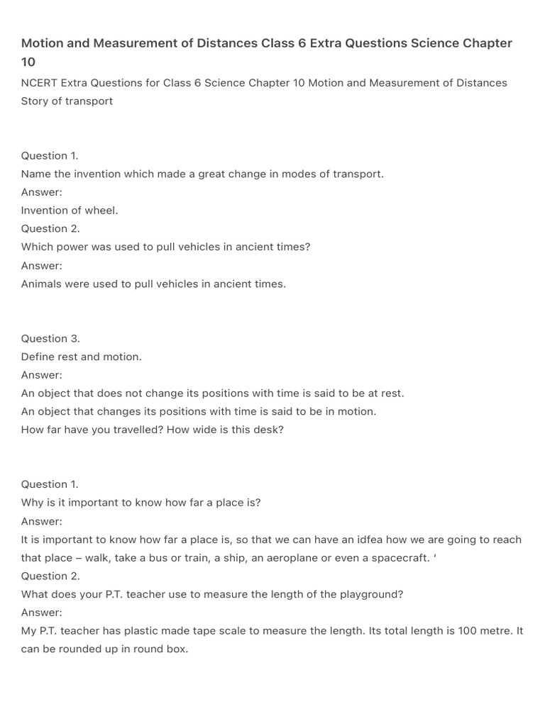Class 6 Extra Questions on Motion | PDF | Length | Measurement