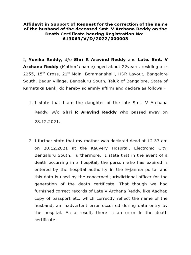 Affidavit in Support of Request for the correction of name on the Death ...