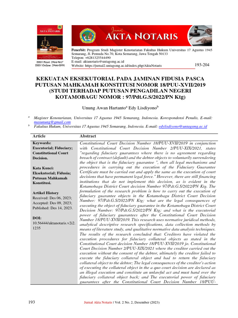 Kekuatan Eksekutorial Pada Jaminan Fidusia Pasca P | PDF | Ilmu Sosial | Hukum