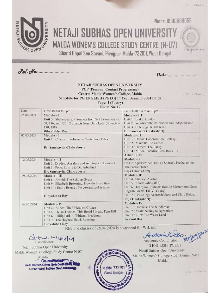 PCP Routine PGEG Paper 1 Malda Womens College | PDF