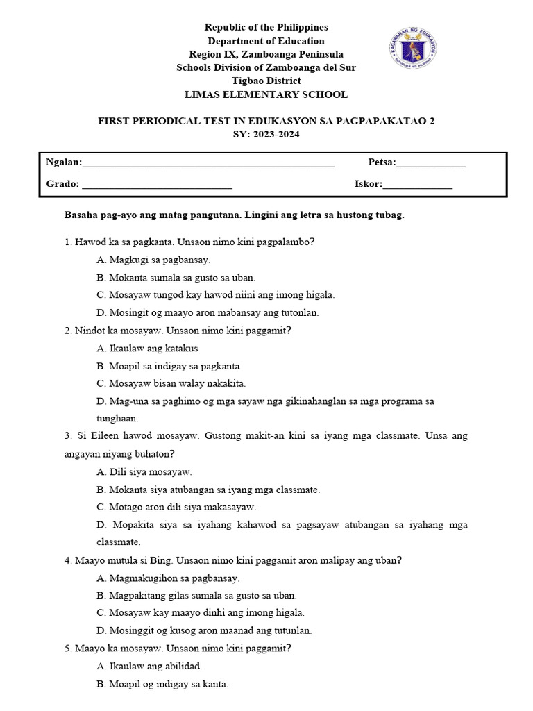 G2 Q1 Esp Periodical Test | PDF