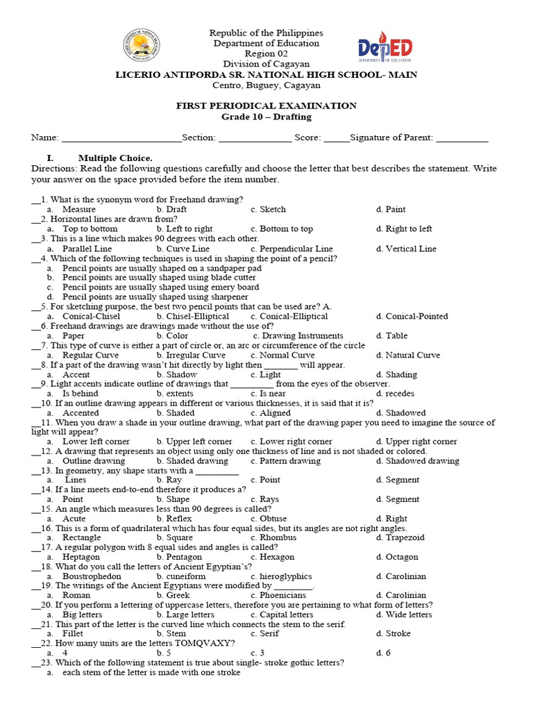 1st PERIODIC TEST DRAFTING 10 | PDF | Shape | Drawing