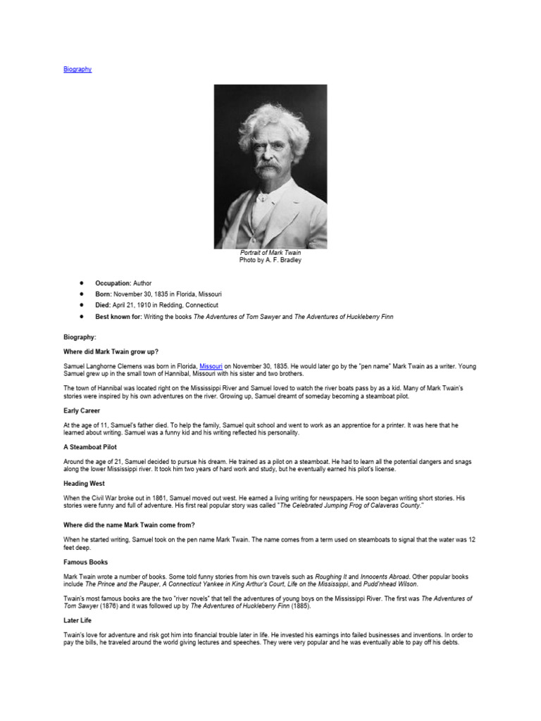 Mark Twain Biography | PDF | Mark Twain