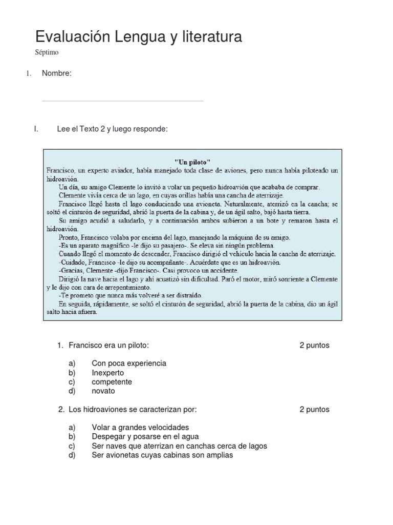 Evaluación de Lectura Comprensiva. Séptimo Año | PDF