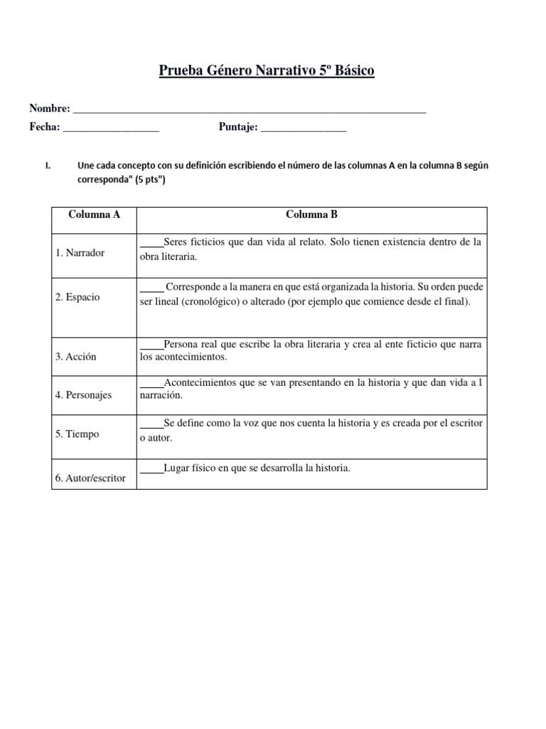 Prueba de Narrativa 5º Básico | PDF | Narración