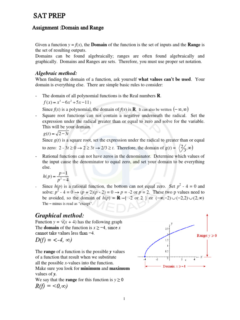 Sat Prep: Assignment:Domain and Range | Download Free PDF | Function ...