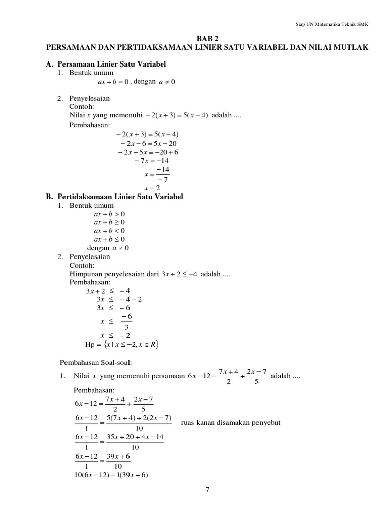 Bab 2 Persamaan Dan Pertidaksamaan Linier Satu Variabel Dan Nilai Mutlak | PDF