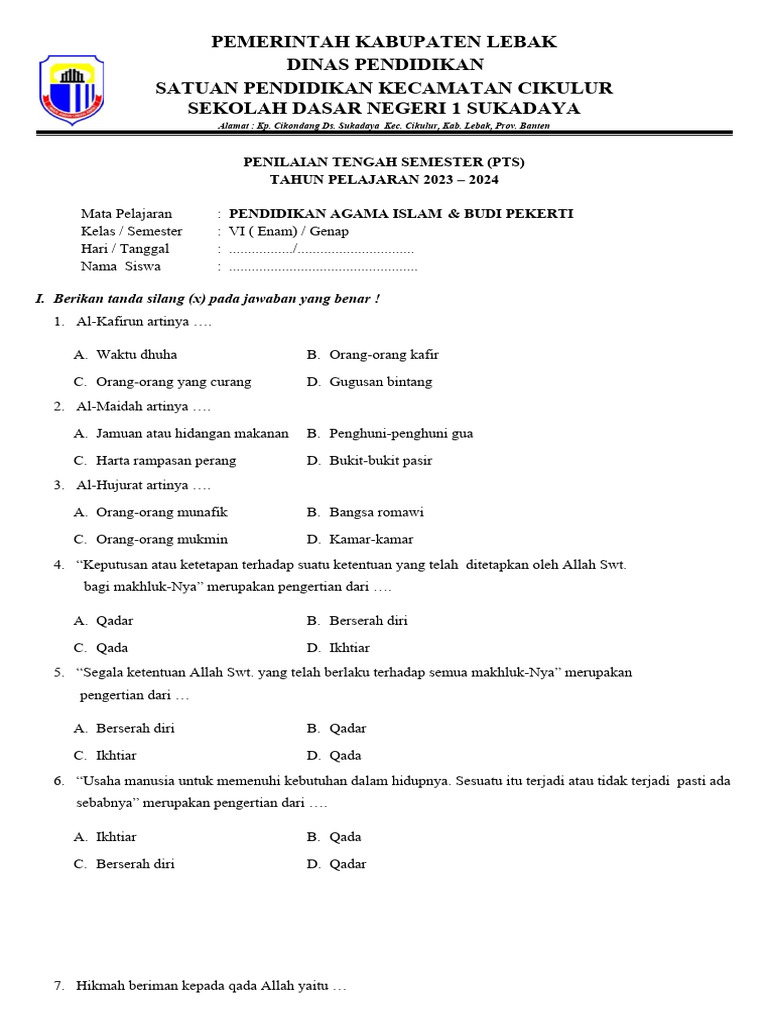 Soal PTS Pai KLS 6 SMT 2 THN 2023-2024 | PDF | Pengembangan Diri