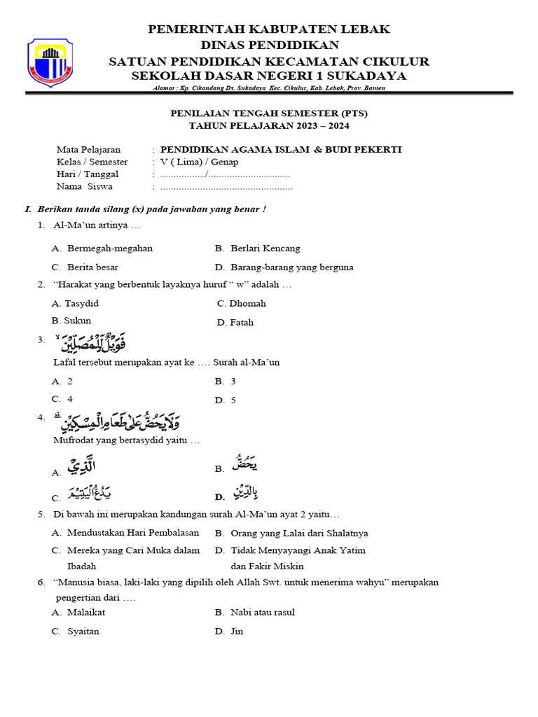 Soal PTS Pai KLS 5 SMT 2 THN 2023-2024 | PDF