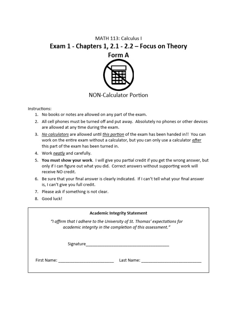 MATH 113 Exam 1 Instructions | PDF | Mathematics