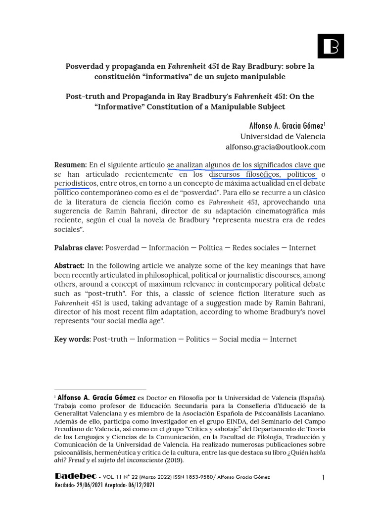 Posverdad y Propaganda en Fahrenheit 451 de Ray Bradbury Sobre La ...