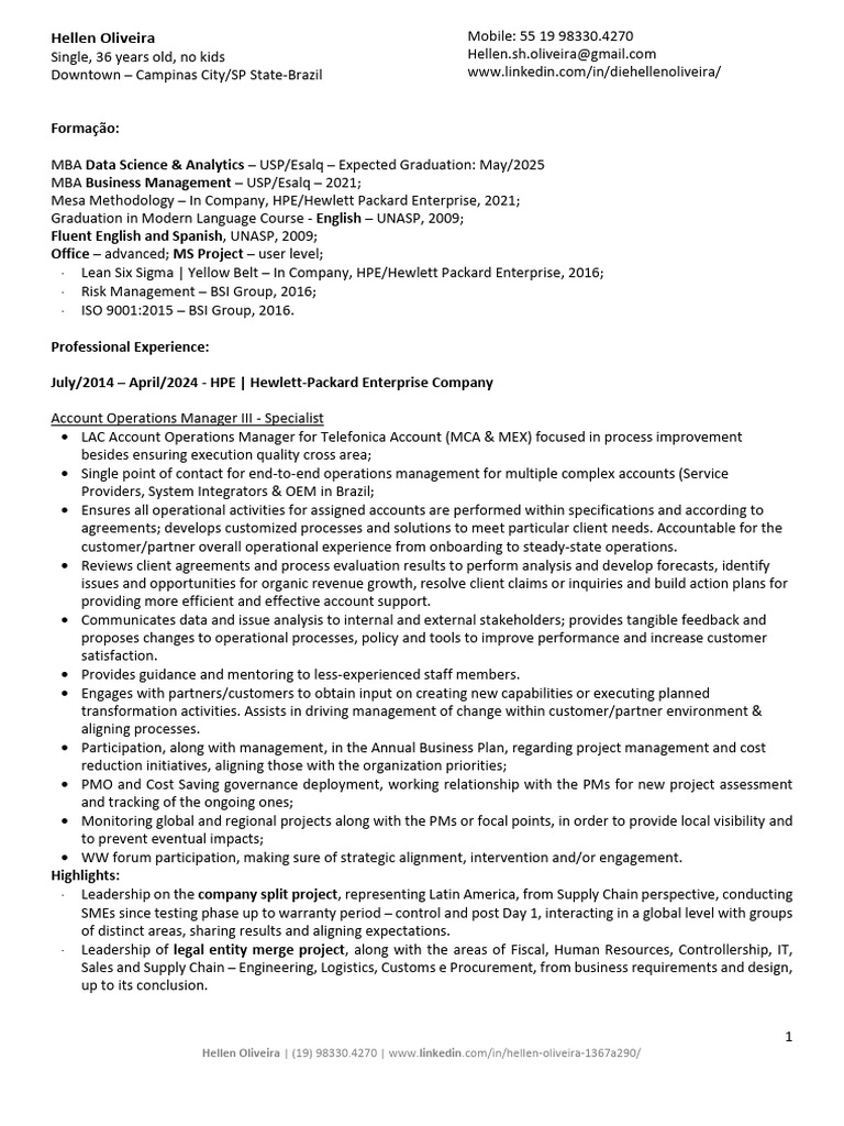 Resume - Hellen Oliveira - 2024 | PDF | Supply Chain | Sales