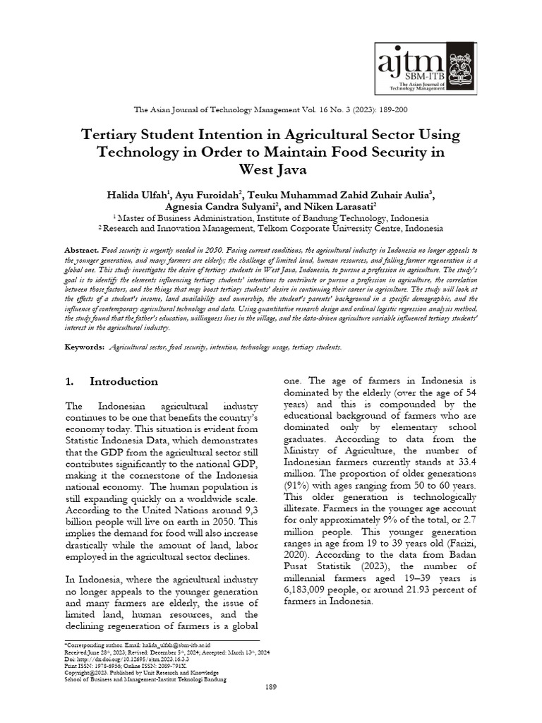 Tertiary Student Intention in Agricultural Sector Using Technology in ...