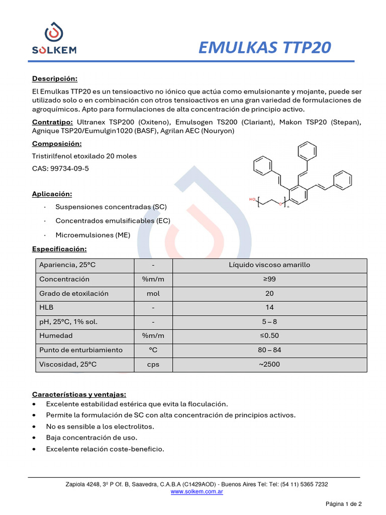 TDS - EMULKAS TTP20 - Esp V0 | PDF | Tensioactivo | Concentración
