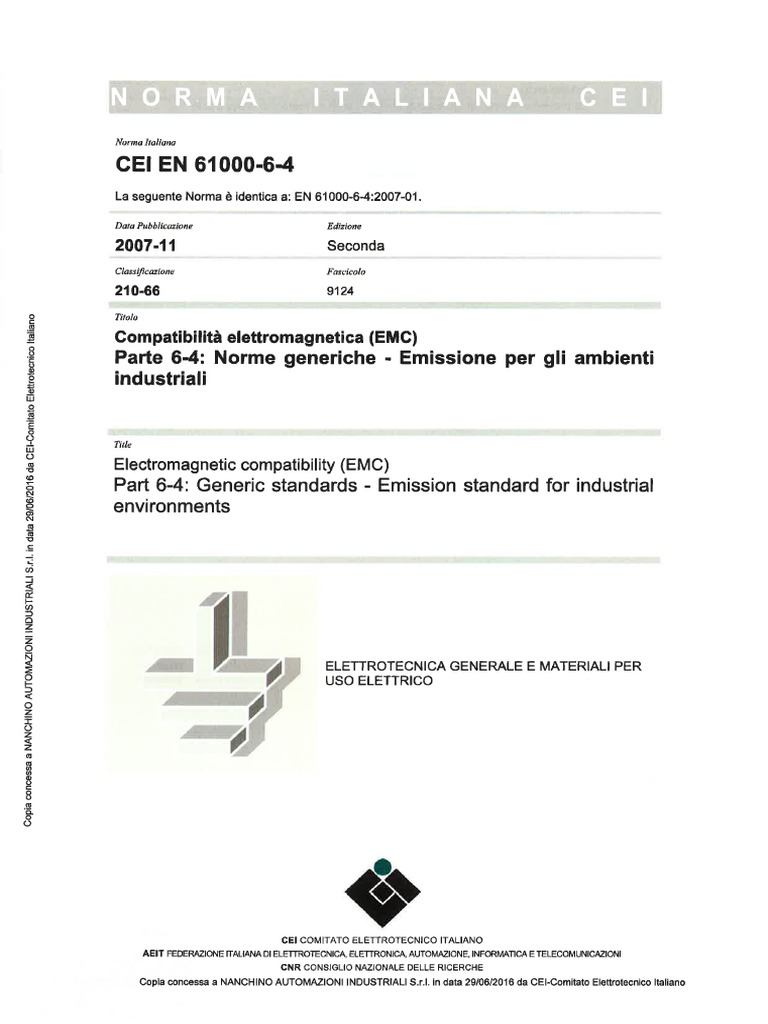 CEI EN 61000-6-4 - Emissioni - Norme Generiche Per Gli Ambienti Industriali | PDF