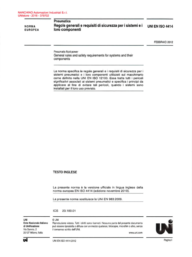 UNI EN ISO 4414 - Pneumatica - Regole Generali e Requisiti Sicurezza ...