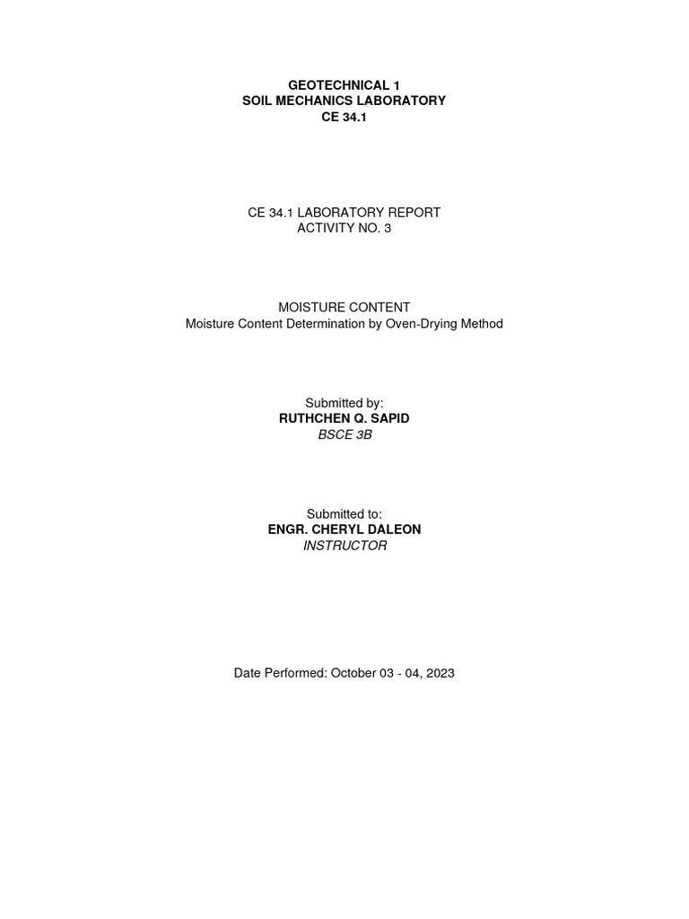 Moisture Content Lab Report: Oven Method | PDF | Experiment | Laboratories