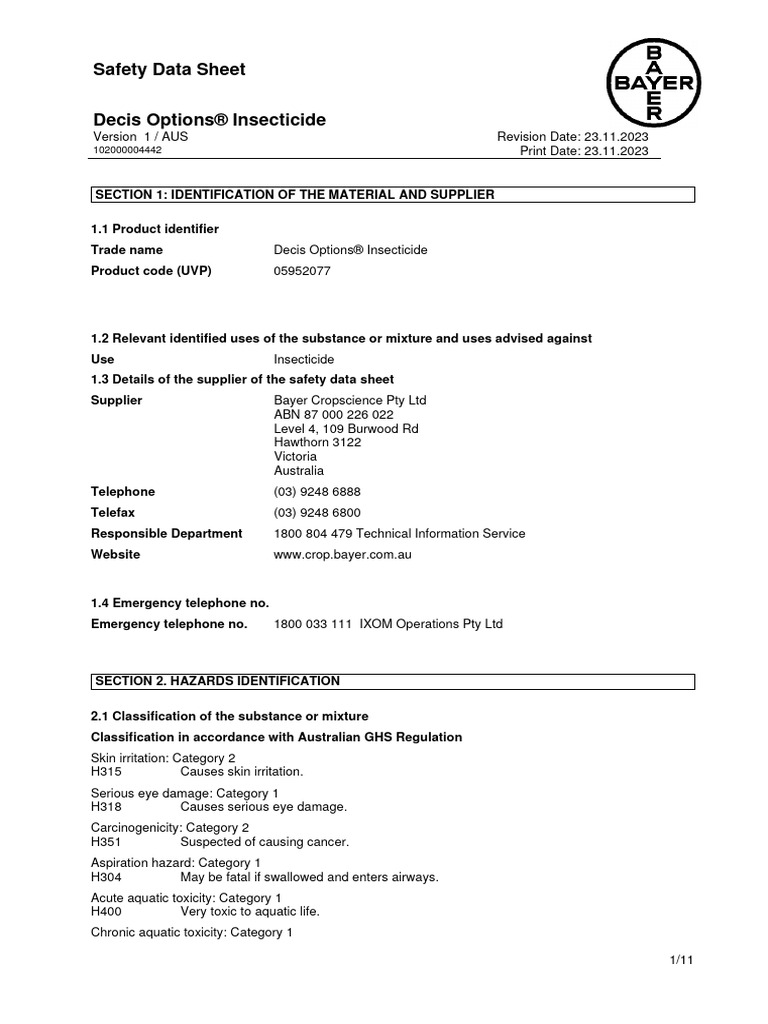 Decis Options Insecticide SDS | PDF | Dangerous Goods | Toxicity