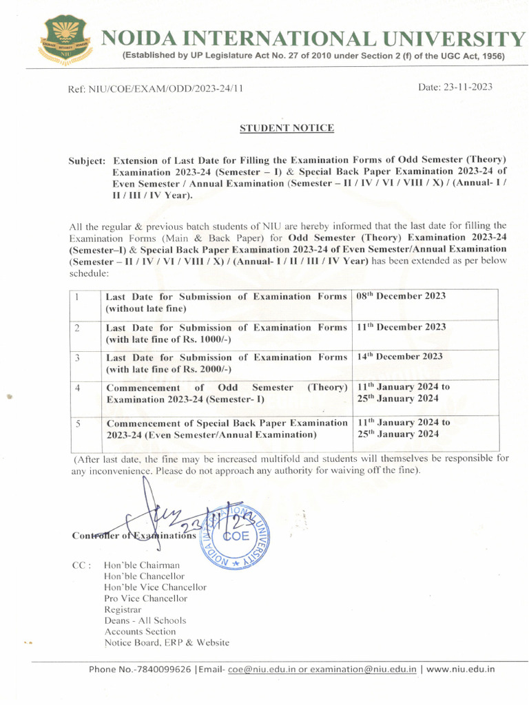Student Notice for Extension of Last Date for Filling Examination Form ...