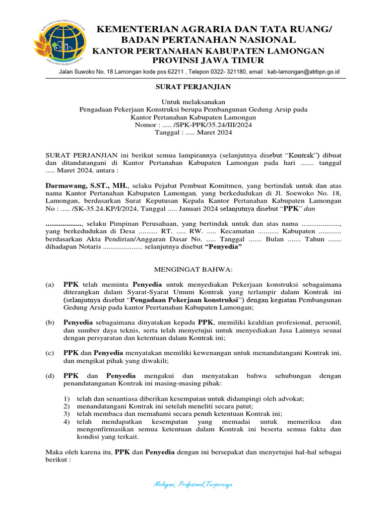 Draft Surat Perjanjian Kontrak SSUK Dan SSKK | PDF