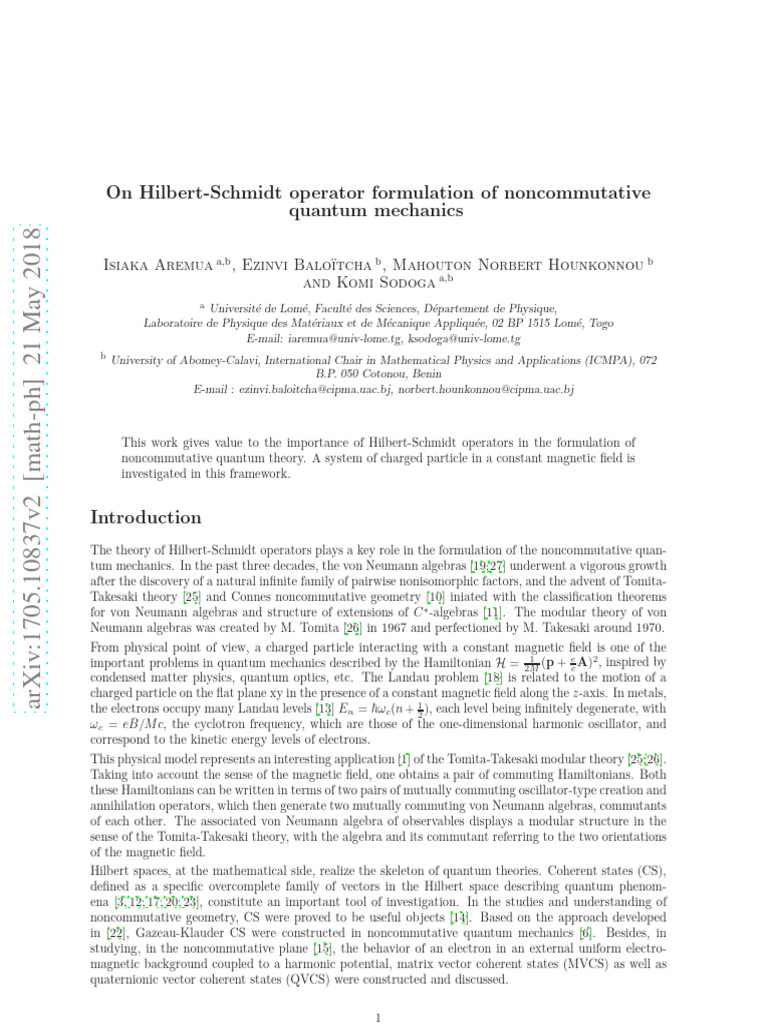 On Hilbert-Schmidt Operator Formulation of Noncommutative Quantum Mechanics | PDF | Banach Space ...