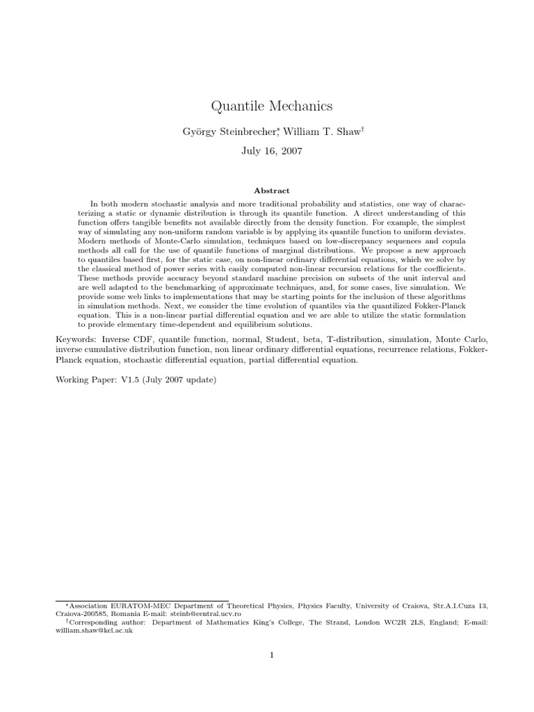 Quantile Mechanics | PDF | Equations | Ordinary Differential Equation