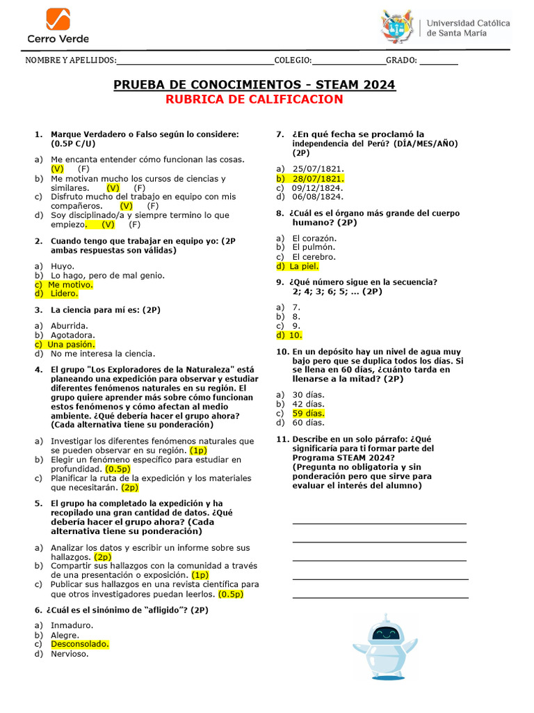 STEAM.2024-PRUEBADECONOCIMIENTOS-RESPUESTAS | PDF