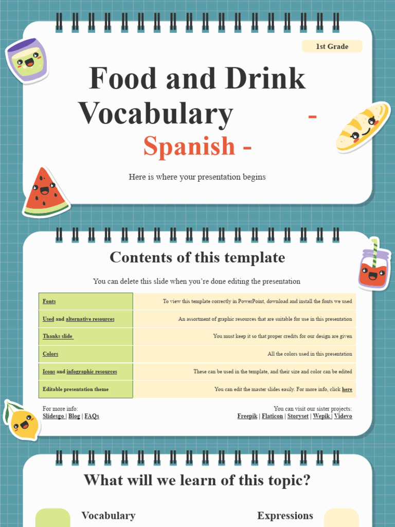 Food and Drink Vocabulary - Spanish - 1st Grade by Slidesgo | PDF ...