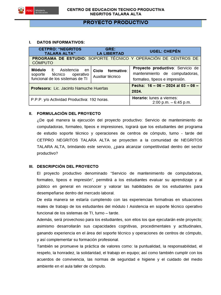 Plan de Practicas Proyecto Productivo Cetpro Negritos Talara Alta | PDF | Soporte técnico