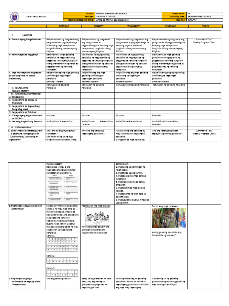 DLL - AP4 - Q4 - W5 - Naipaliliwanag Ang Mga Gawaing Lumilinang Sa Kagalingang Pansibiko | PDF