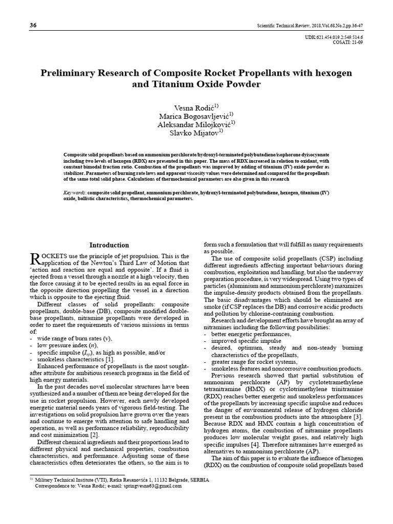Preliminary Research of Composite Rocket Propellants With Hexogen | PDF | Rocket Propellant ...