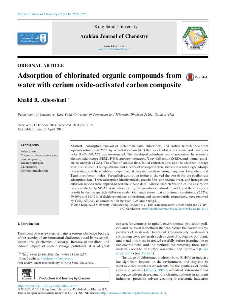 Adsorption of Chlorinated Organic Compounds From Water - 2019 - Arabian ...