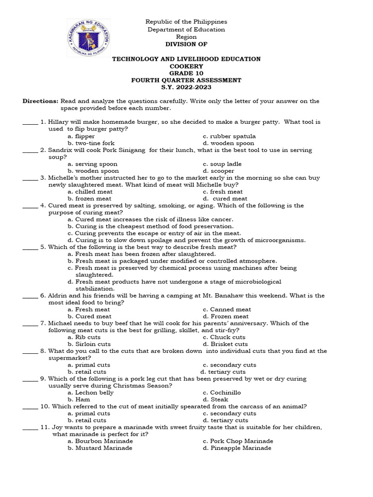 Grade 10 Cookery Assessment Guide | PDF | Cooking | Marination