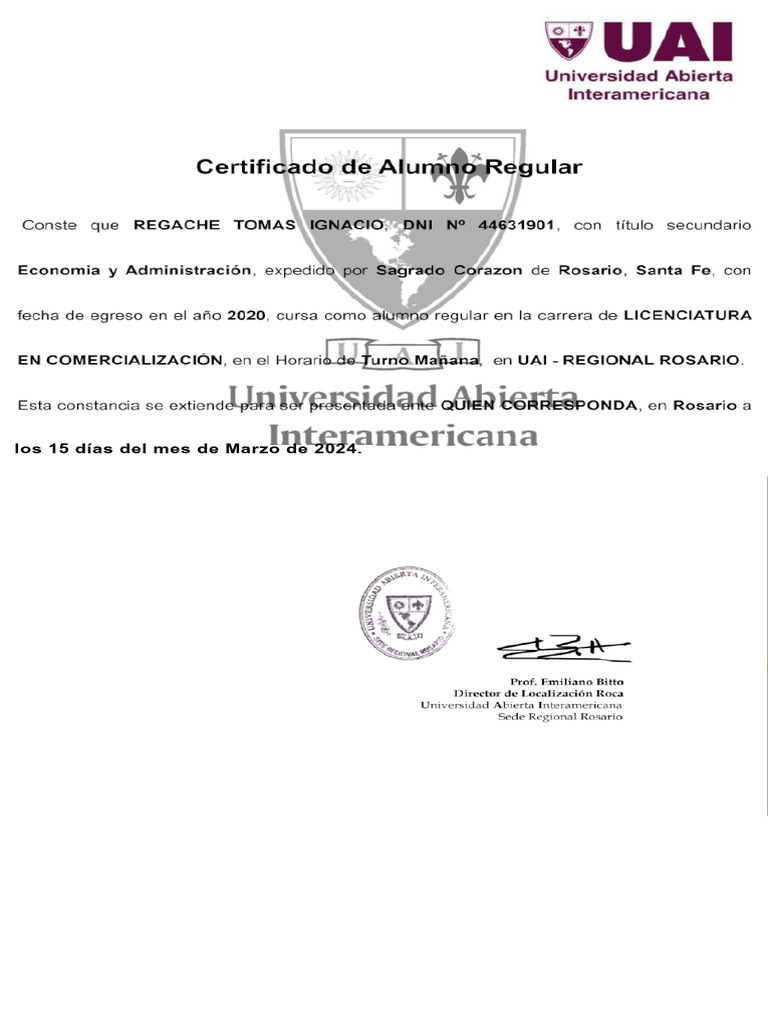 Certificado Alumno Regular | PDF