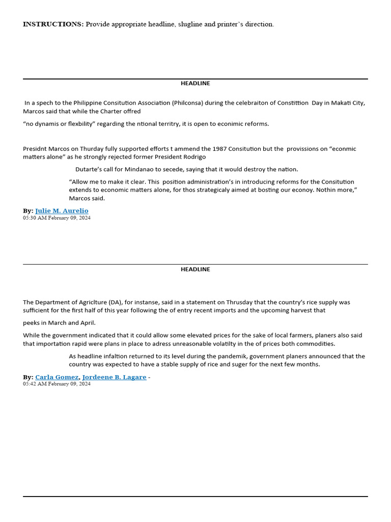 Copyreading and Headline Writing Worksheets | Download Free PDF ...