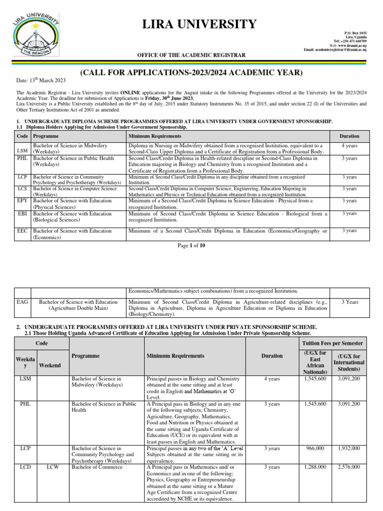 Lira University Call For Applications 2023 2024 Academic Year | PDF ...