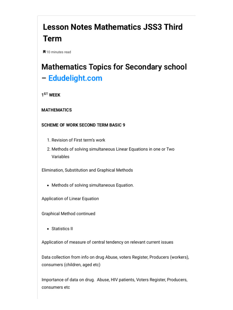 Lesson Notes Mathematics JSS3 Third Term | PDF | Trigonometric ...