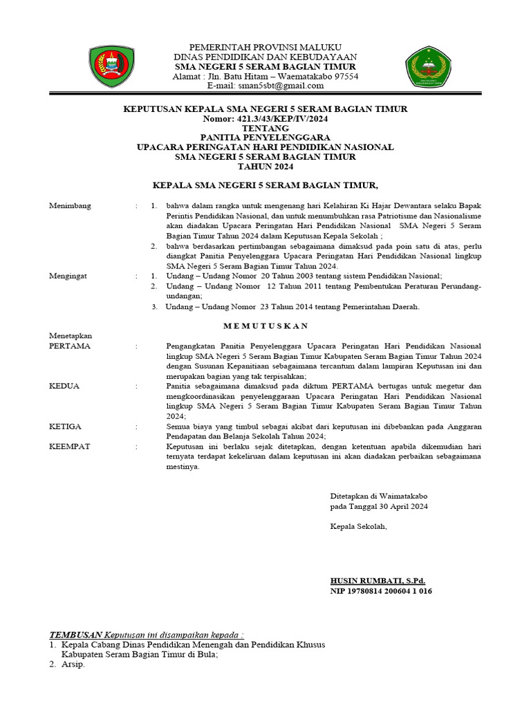 SK Panitia Hari Pendidikan Nasional Tahun 2024 | PDF